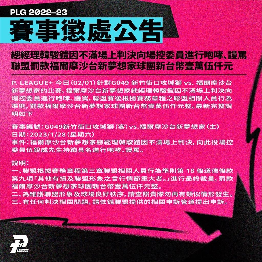 PLG／夢想家總經理韓駿鎧咆哮、謾罵 聯盟開罰1.5萬元｜四季線上4gTV