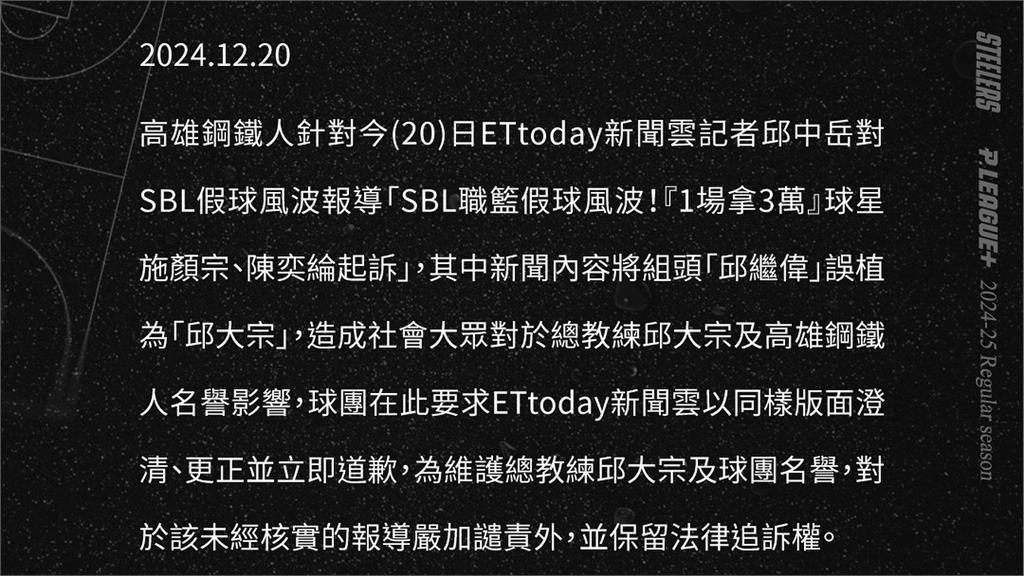 PLG／SBL假球案媒體報導誤植組頭名字為邱大宗 鋼鐵人緊急發表聲明澄清｜四季線上4gTV